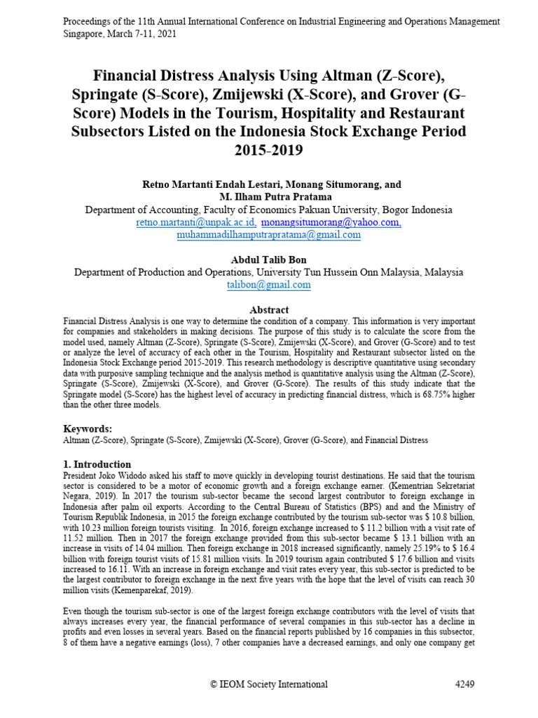 Financial Distress Analysis Using Altman (Z-Score), Springate (S-Score ...
