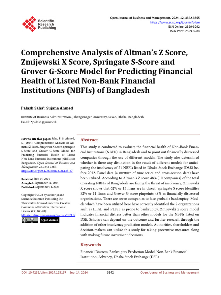 Comprehensive Analysis of Altman's Z Score, Zmijewski X Score ...