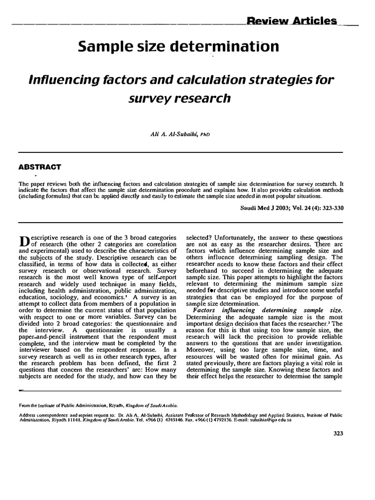 Saudi Med J 2003 24 4 323 330 Eng | PDF | Sampling (Statistics) | Sample Size Determination