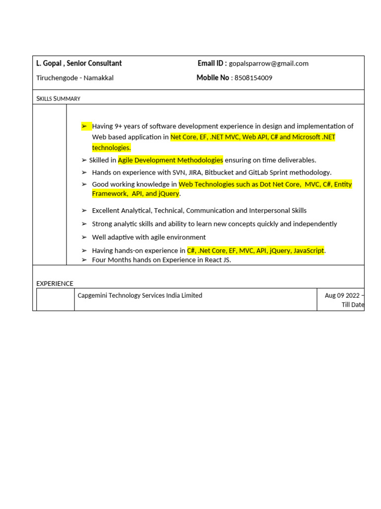 GopalL - .Net Developer | PDF | J Query | Model–View–Controller