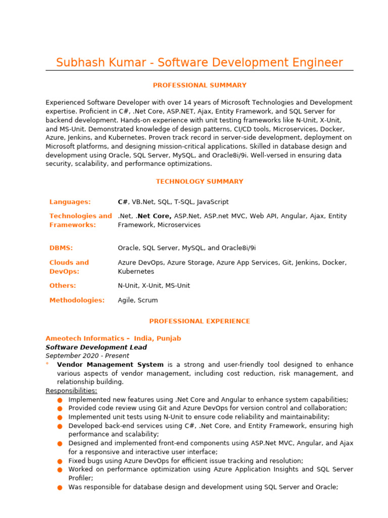 203734_Subhash Kumar-Resume | PDF | Software Development | Microsoft Sql Server