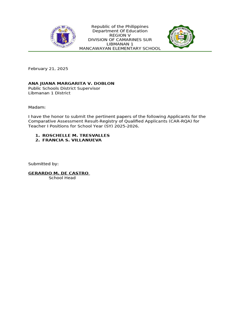 Transmittal For CAR-RQA Applicants | PDF