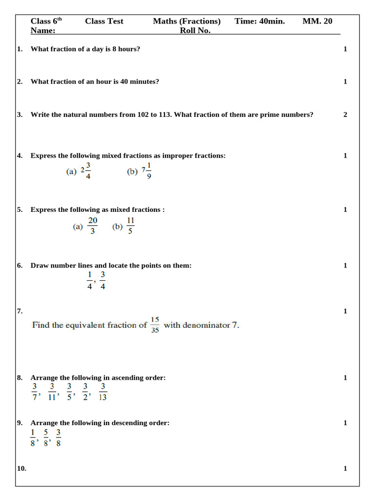 6th Grade Fraction Class Test | PDF