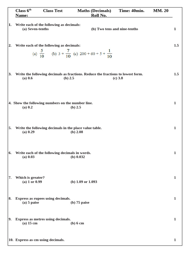 Class 6th Class Test Decimals Paper Maths | PDF