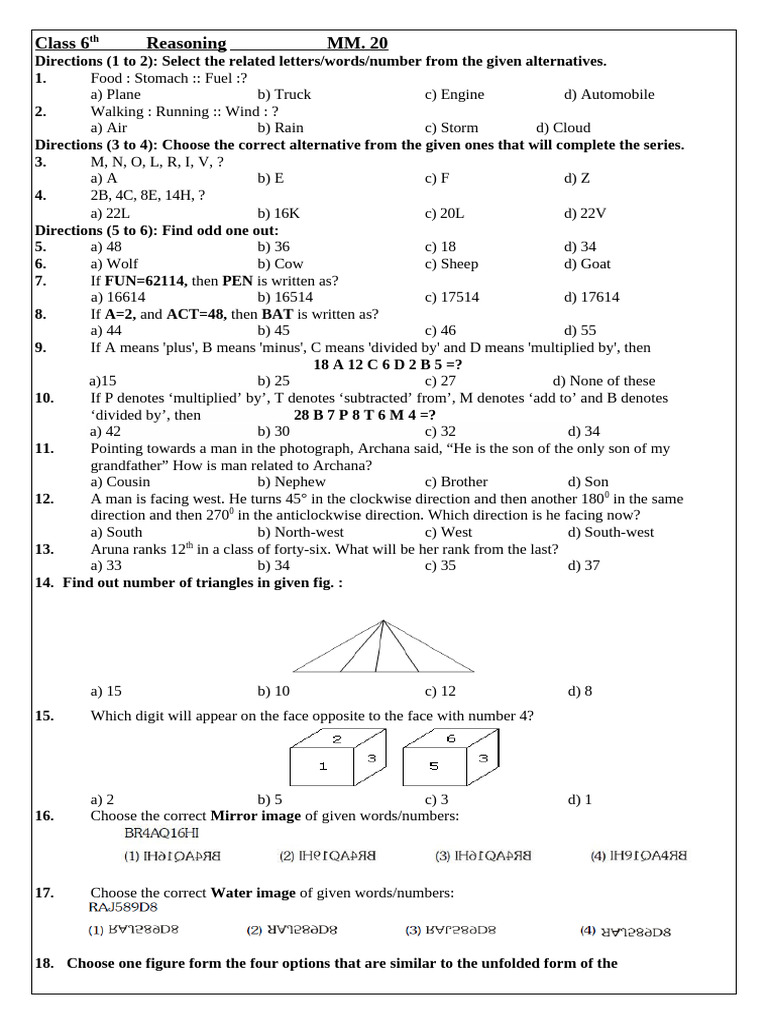 Class 6th Reasoning | PDF
