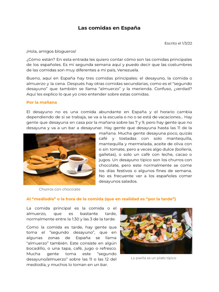 Comidas principales en España | PDF | Almuerzo | Cena