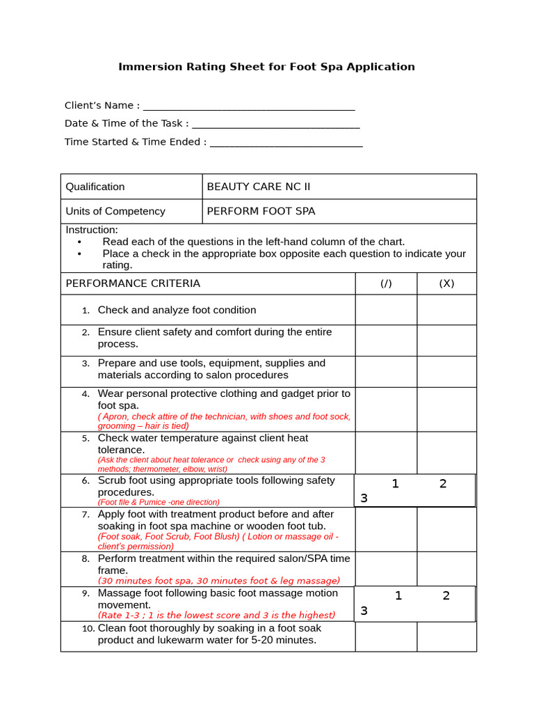 Foot Spa and Body Massage Evaluation Sheet | PDF | Massage