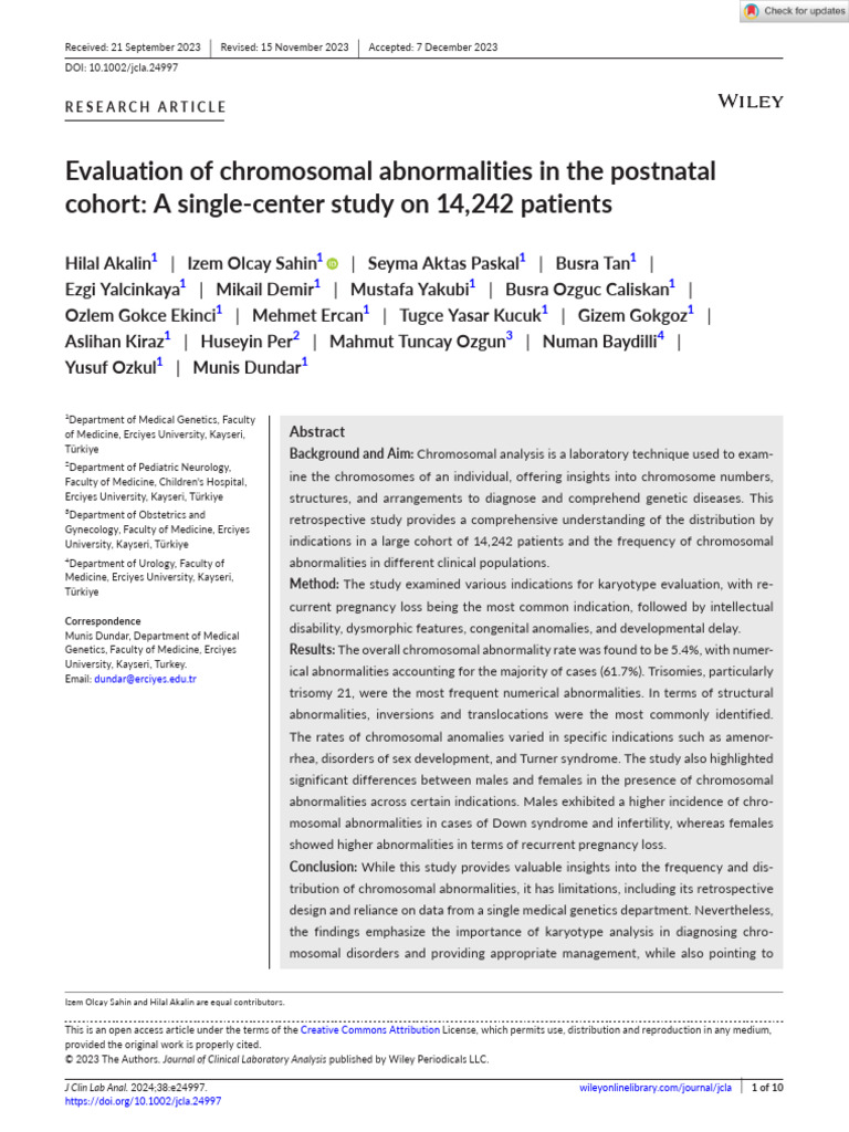 Clinical Laboratory Analysis - 2023 - Akalin - Evaluation of Chromosomal Abnormalities in the ...