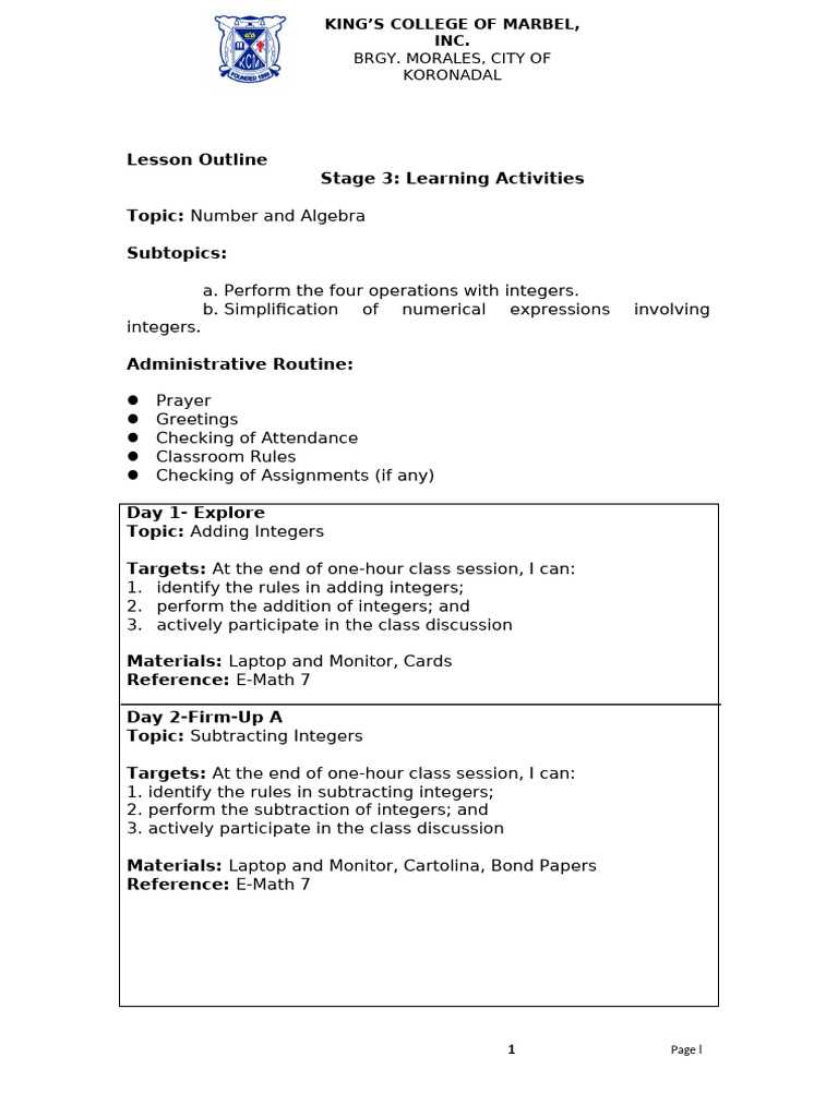 UBD Lesson Plan Grade 7 Mathematics (Outline) | PDF | Prayer | Algebra