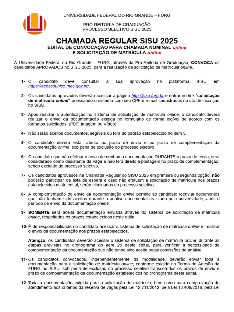 Edital de Convocao Da Chamada Regular SiSU 2025 1 | PDF