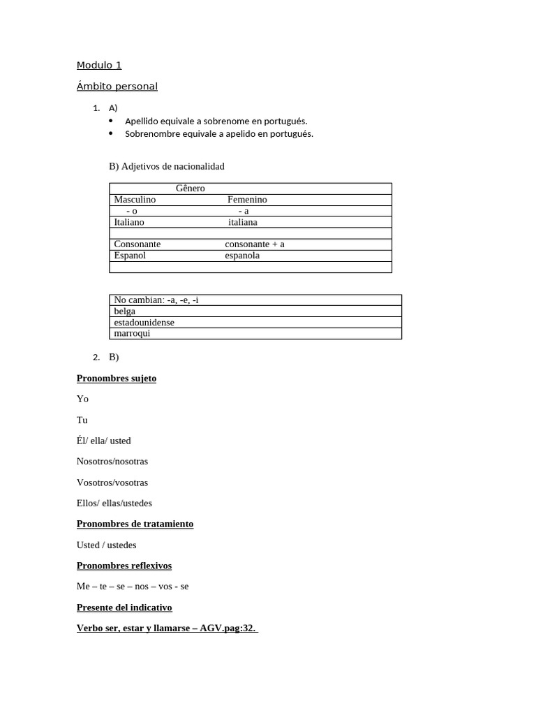 Gramatica - A1 - M1. Ambito Personal | PDF