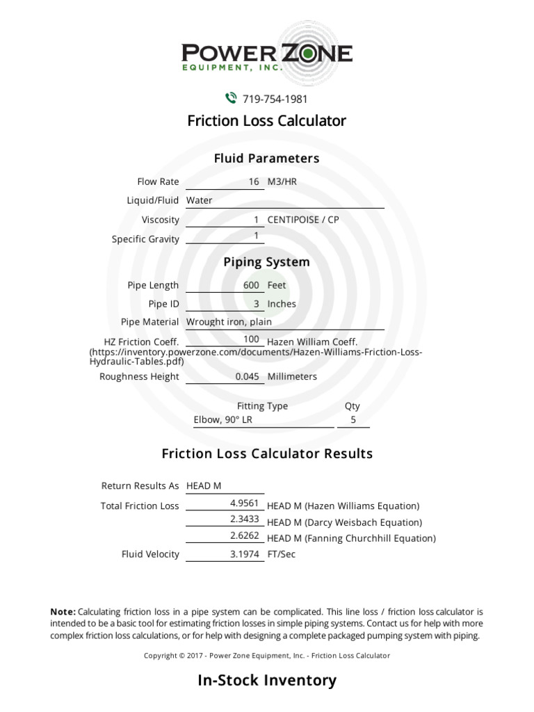Power Zone Equipment - Friction Loss Calculator Result | PDF | Gas ...
