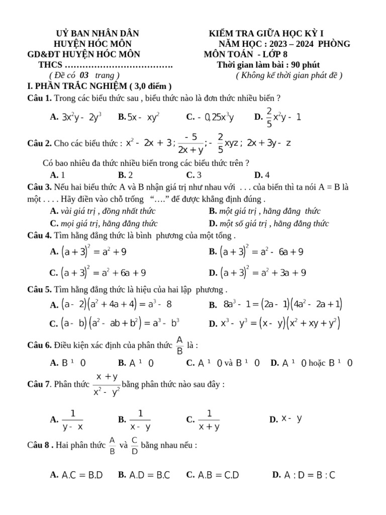 ĐỀ THAM KHẢO GIỮA KỲ I LỚP 8 2023-2024 - đề 2 | PDF
