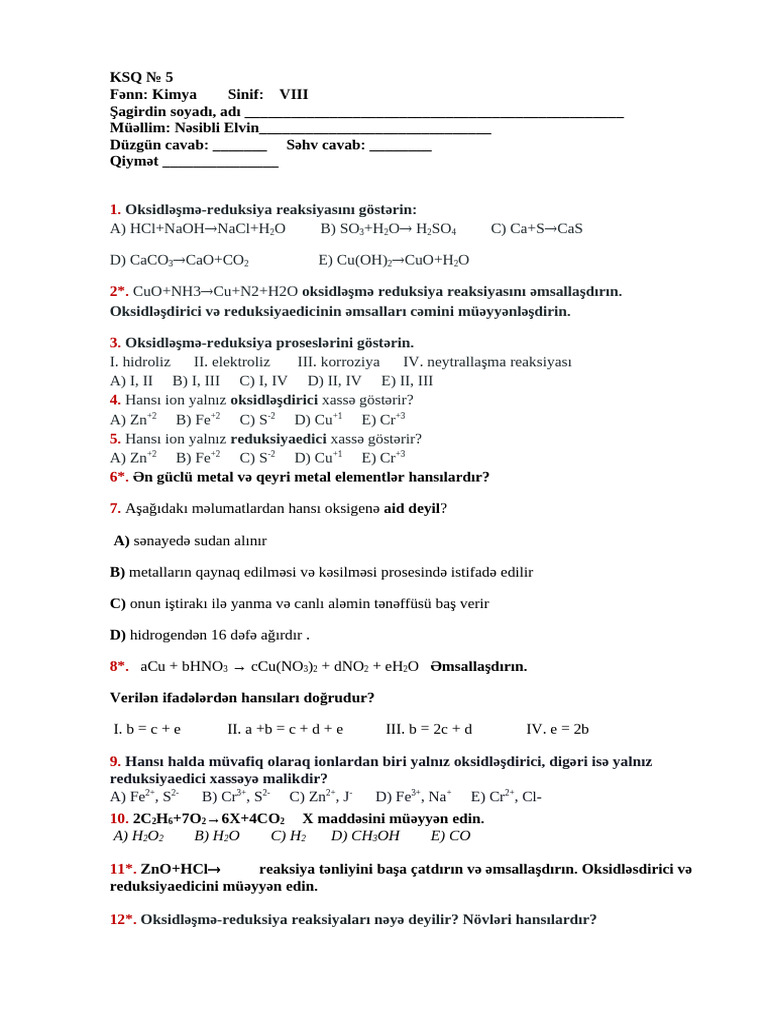 Kimya VIII Sinif KSQ 5 | PDF