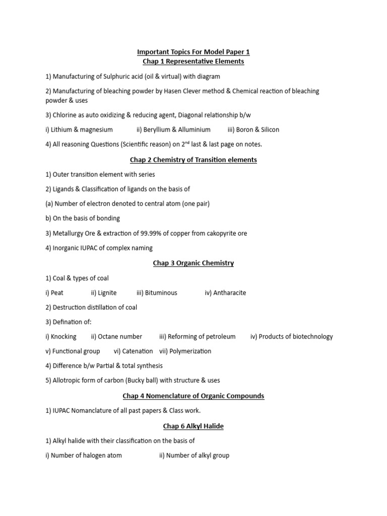 Model Paper 1 Important Topics | PDF | Chemical Reactions | Alkane