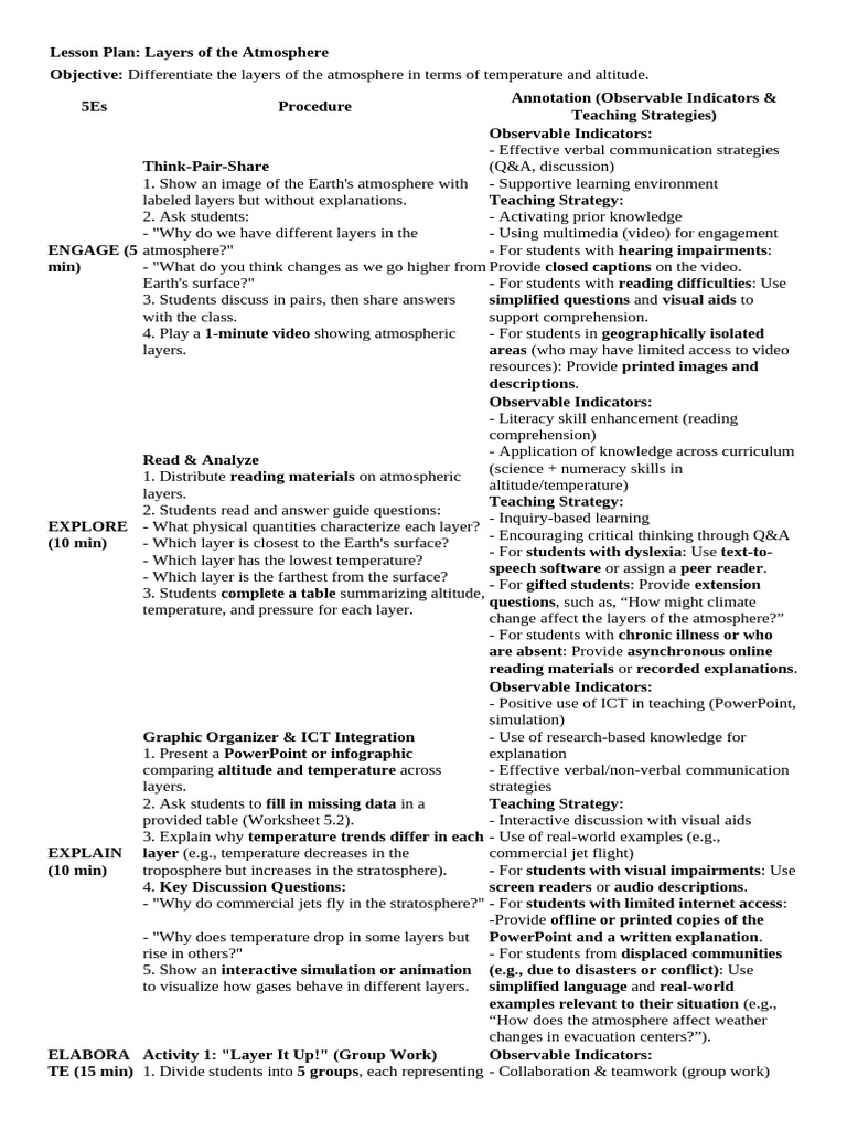 Layers of the Atmosphere Lesson Plan | PDF | Reading Comprehension ...