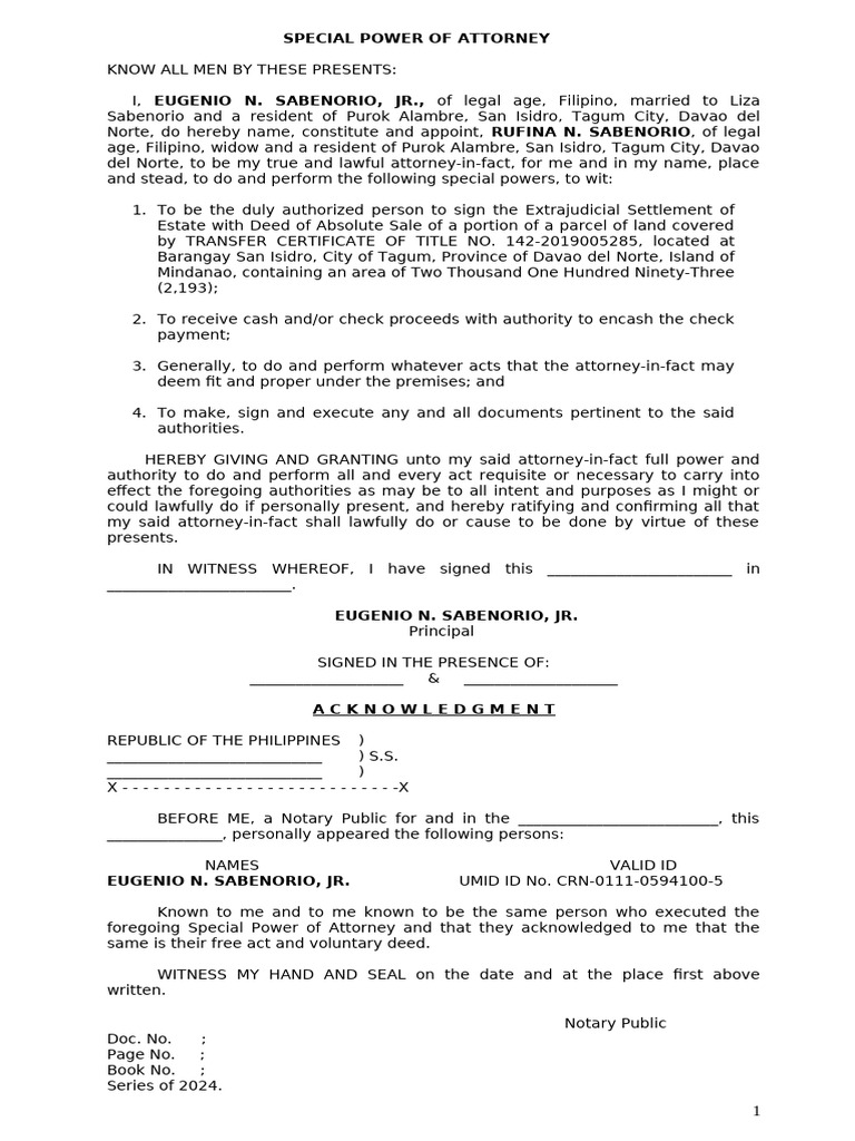 Spa-Sign Extrajudicial Settlement With Deed of Sale - Sabenorio-2024 | PDF | Power Of Attorney ...
