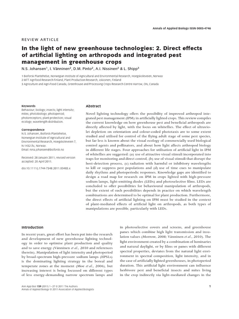 Direct Effects of Artificial Lighting On Arthropods and Integrated Pest ...