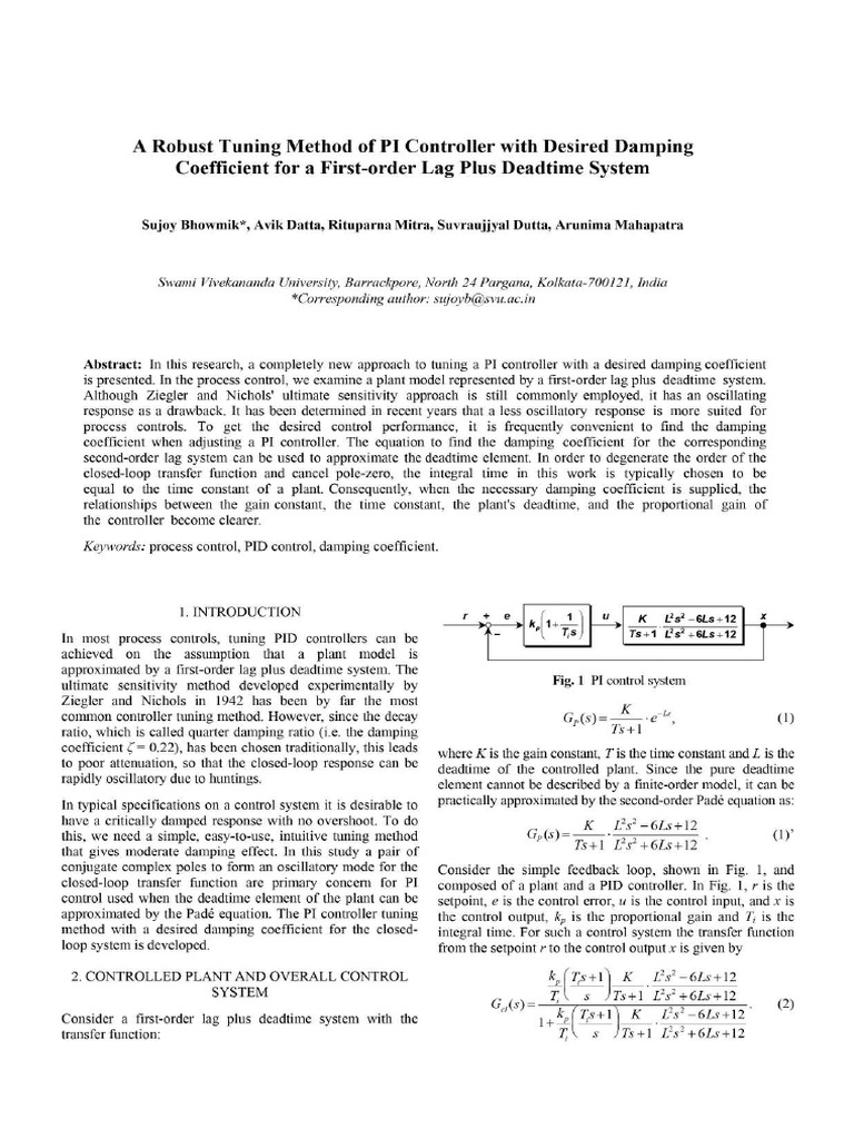 A Robust Tuning Method of PI Controller With Desired Damping Coefficient For A First-Order Lag ...