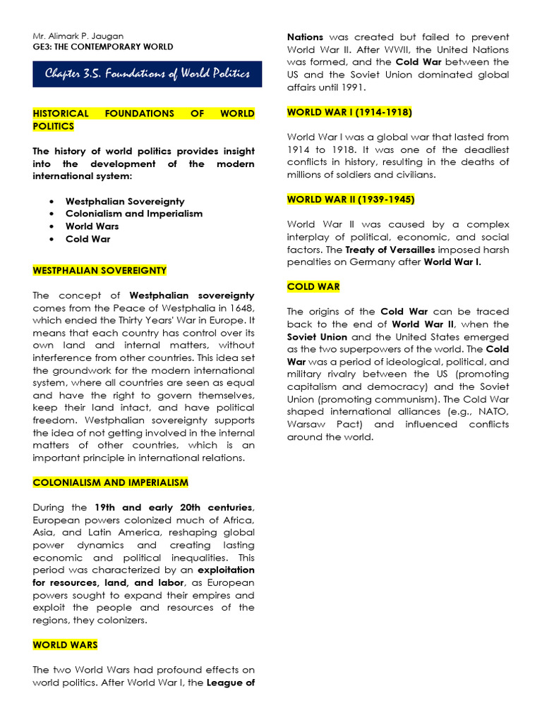 GE3 Chapter 3.5. Foundations of World Politics | PDF | Cold War | World War II