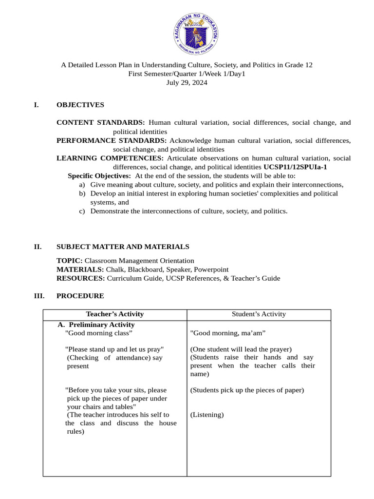 Grade 12 UCSP Lesson Plan: Culture & Politics | PDF | Teachers | Knowledge