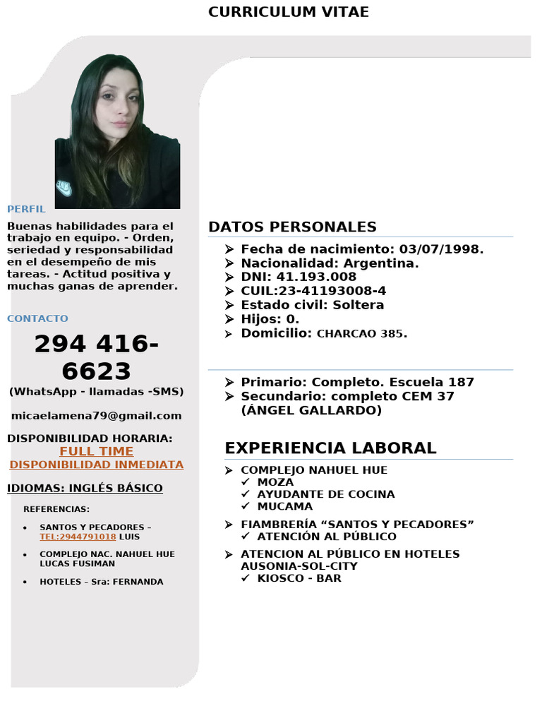 Micaela de Las Nieves Mela CV | PDF