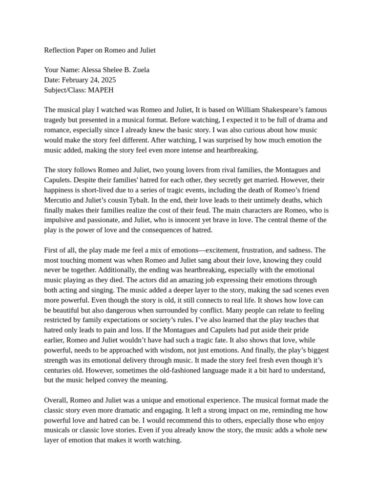 Emotional Reflection on Romeo and Juliet | PDF | Characters In Romeo ...