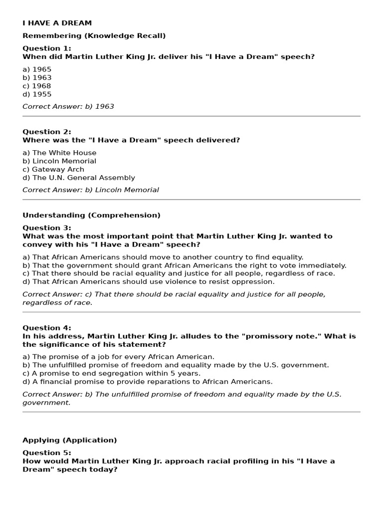 "I Have a Dream: Key Questions & Answers" | PDF | Martin Luther King Jr.