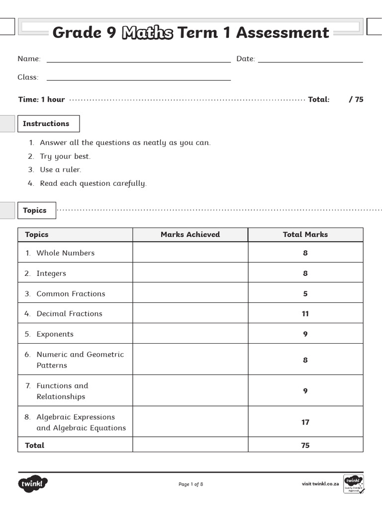 Grade 9 Maths Term 1 Assessment Guide | PDF | Numbers | Integer