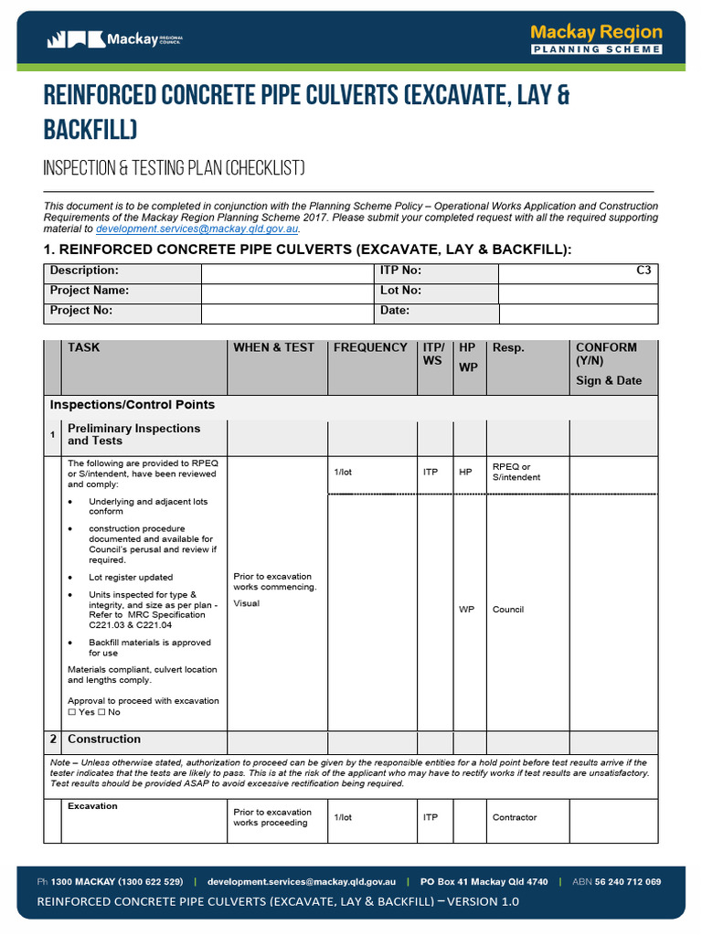 ITP Checklist 1 - Reinforced Concrete Pipe Culverts Excavate, Lay, and ...