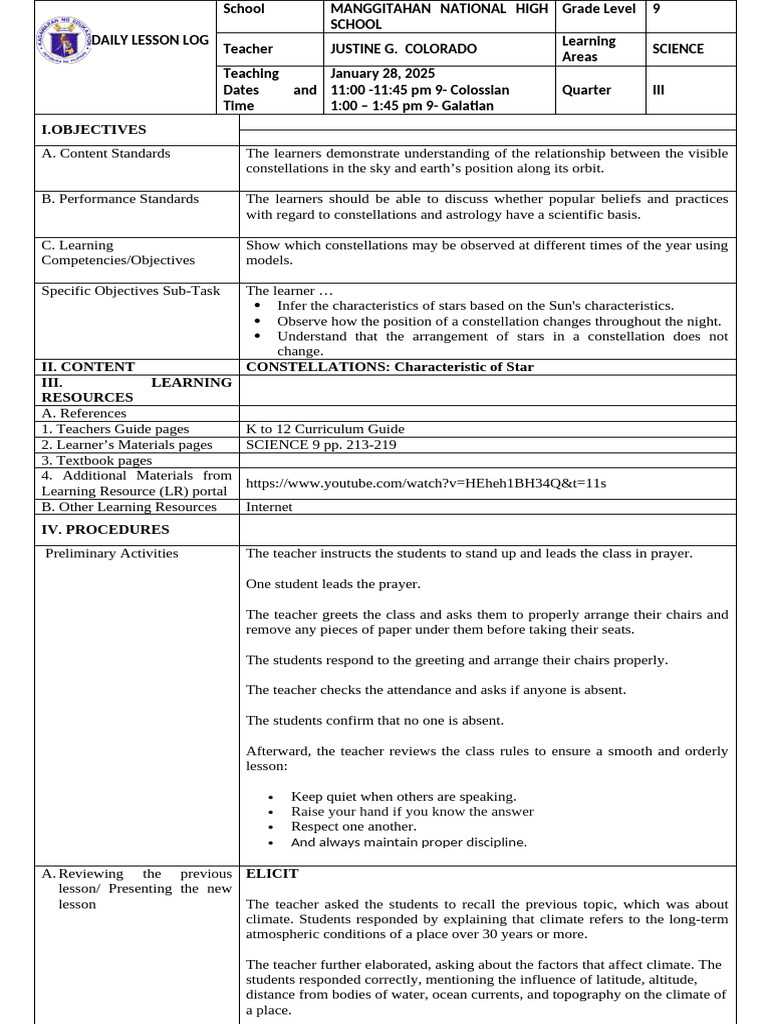 Characteristics of Constellations | PDF | Teachers | Learning