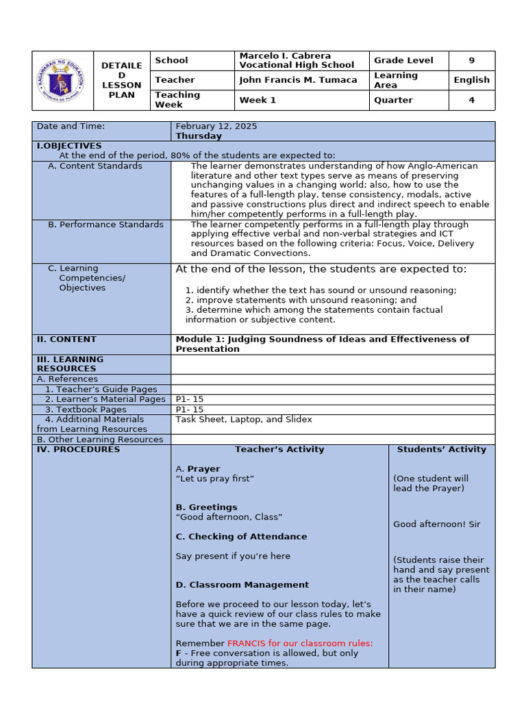 Lesson Plan English q4 Module1 | PDF | Emotions | Feeling