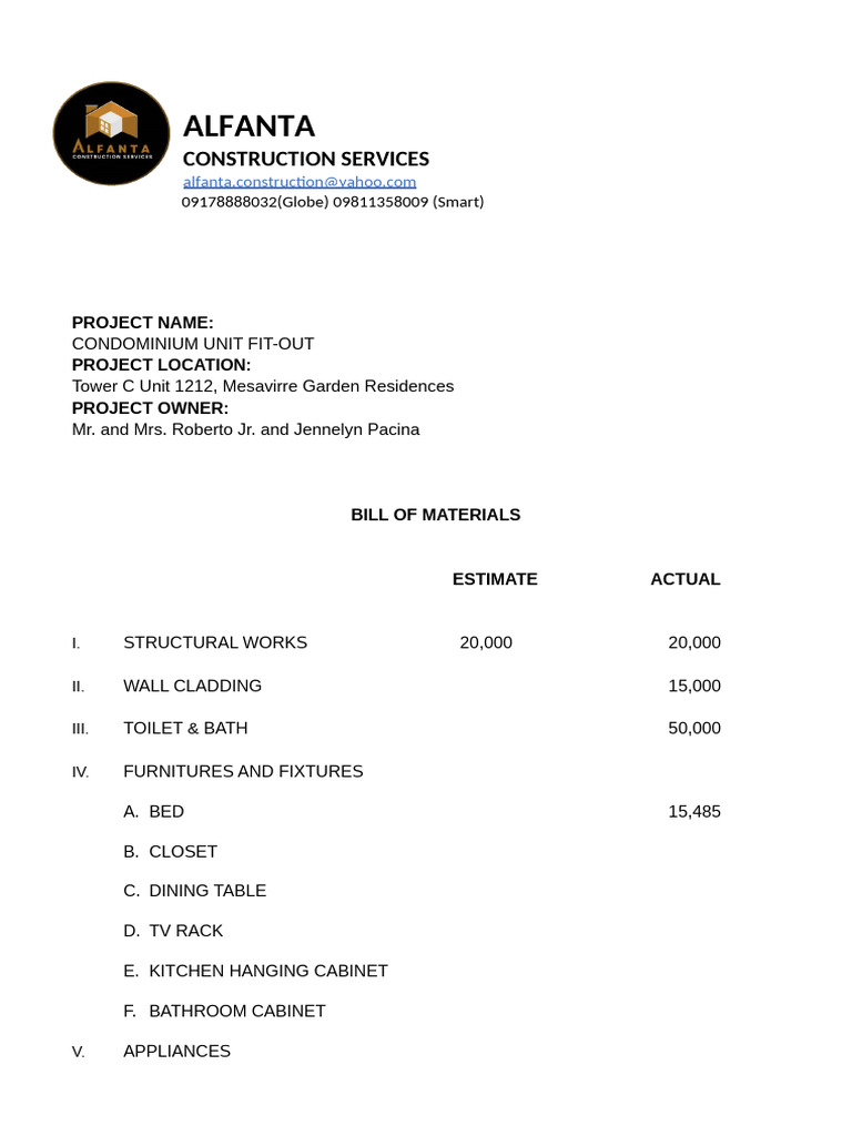 MESAVIRRE Tower C Unit 1212-Bill-Of-Materials | PDF | Bathroom | Building Engineering