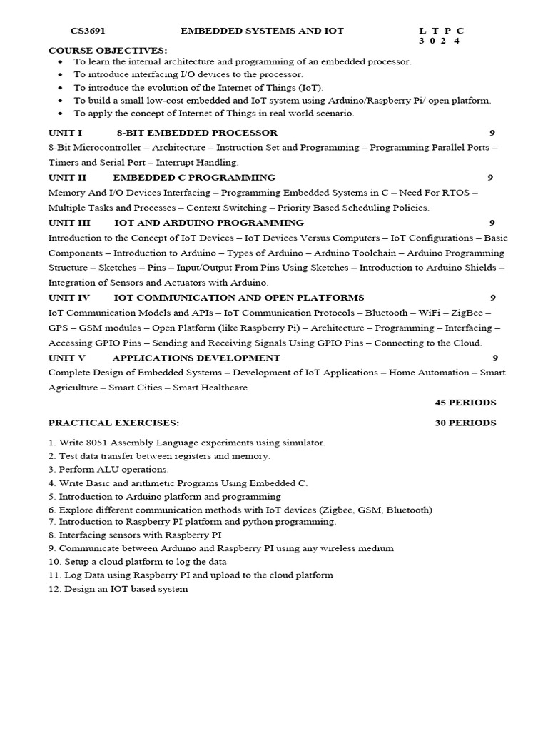 Cs3691-Embedded & Iot Notes All Units | PDF | Embedded System | Arduino