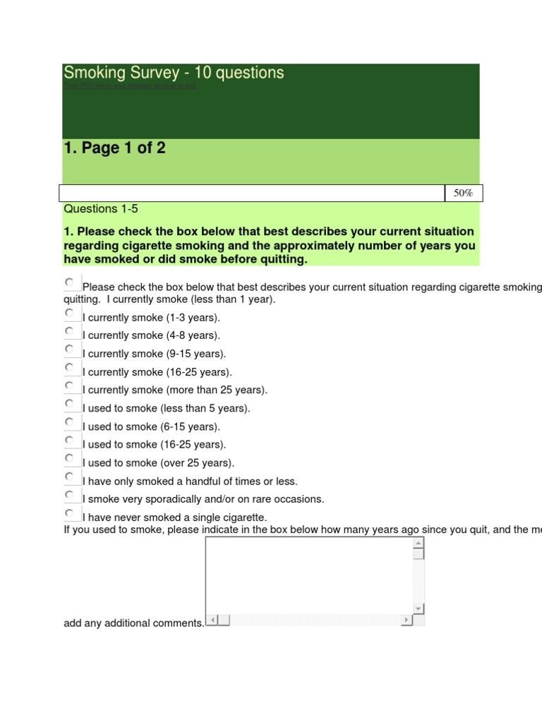 Smoking Survey - 10 Questions: 1. Page 1 of 2 | PDF | Cigarette ...
