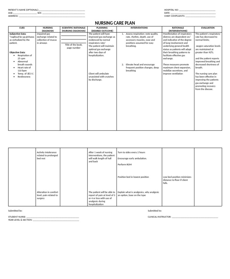 Nursing Care Plan for Respiratory Issues | PDF | Breathing ...