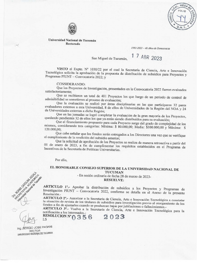 Piunt 2022 Proyectos Aprobados Res Hcs 0356 2023 Piunt 2022 | PDF