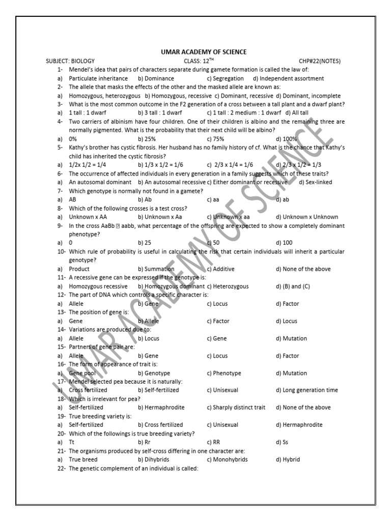 12TH Class CHP 22 Notes | PDF | Dominance (Genetics) | Genetic Linkage