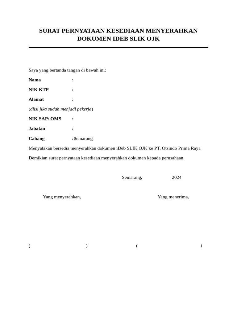 Surat Pernyataan Kesediaan Menyerahkan Dokumen Ideb Slik Ojk | PDF