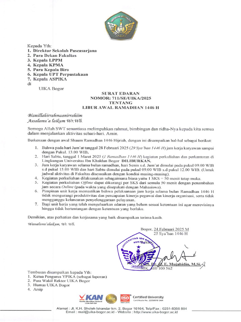 711.SE - UIKA.2025 (Surat Edaran Tentang Libur Awal Ramadhan 1446 H) | PDF