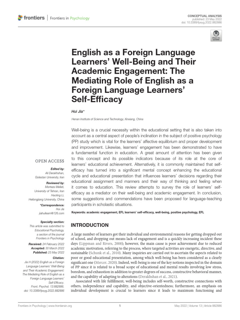 English As A Foreign Language Learners' Well-Being and Their Academic Engagement - The Mediating ...