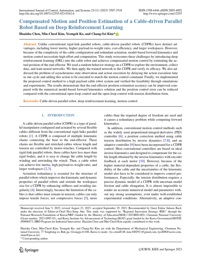 Compensated Motion and Position Estimation of a Cable-driven Parallel Robot Based on Deep ...