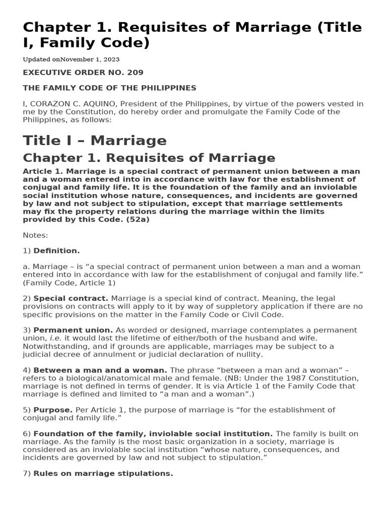 Chapter 1. Requisites of Marriage (Title I, Family Code) | PDF ...