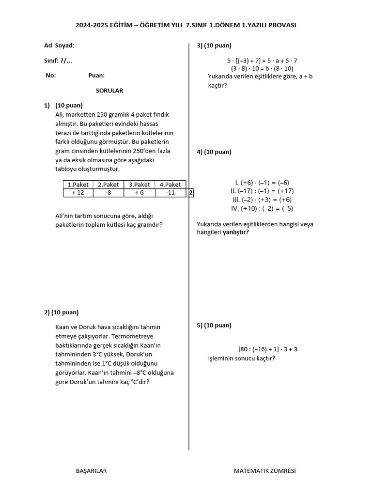 2024-2025 Eği̇ti̇m Öğreti̇m Yili 1.dönem 7.sinif 1.sinav Provasi | PDF