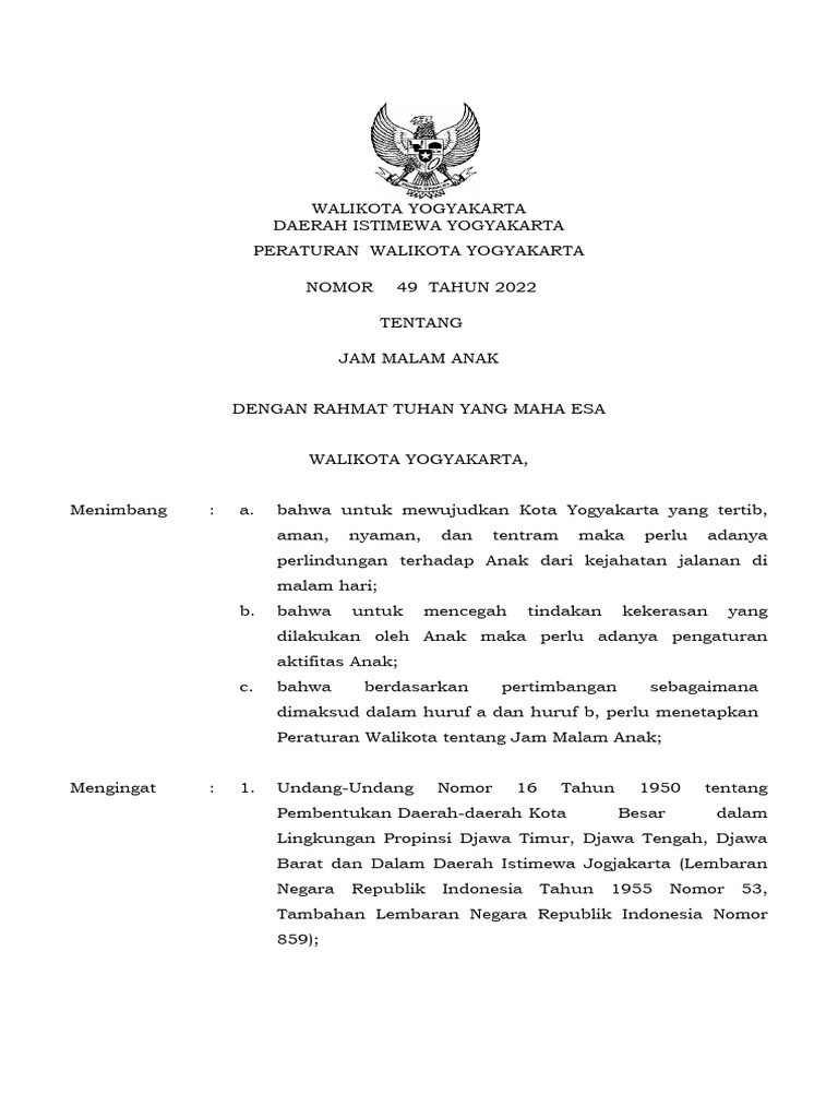 Perwal Yogyakarta Nomor 49 Tahun 2022 Tentang Jam Malam Anak | PDF