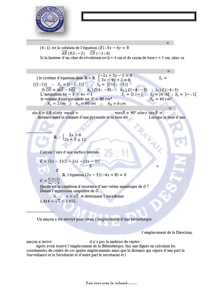 Devoir de mathématiques 3ème et 4ème | PDF | Mathématiques