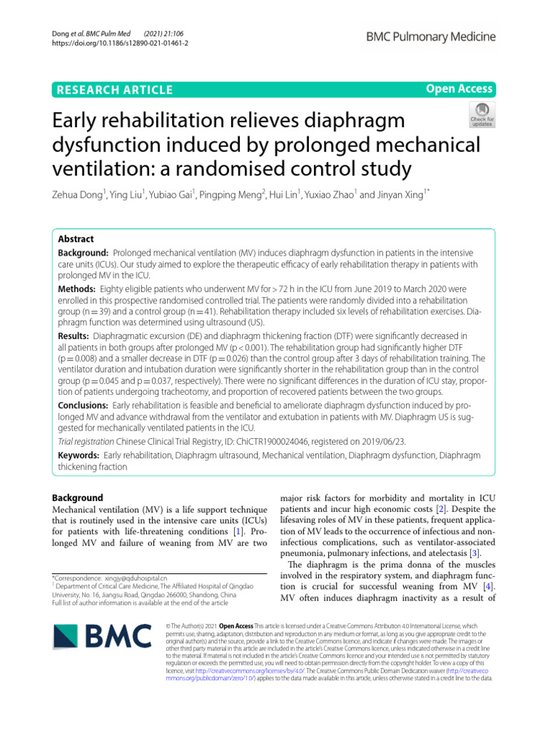 CQ2, Early Rehabilitation Relieves Diaphragm Dysfunction Induced by Prolonged Mechanical ...