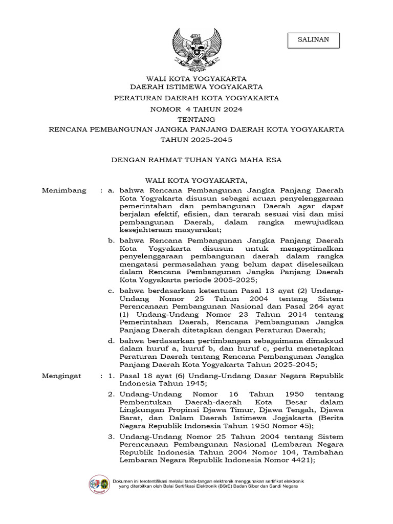 Perda Kota Jogja Nomor 4 Tahun 2024 | PDF