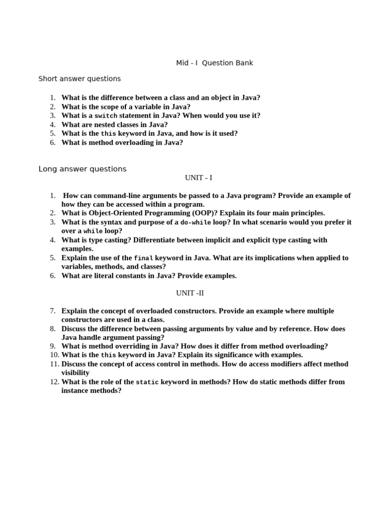 Java Mid-1 Question Bank | PDF