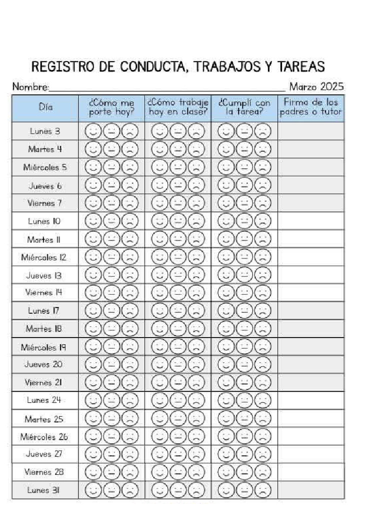 Convivencia Registo de Conducta Mensual para Marzo Año 2025 | PDF